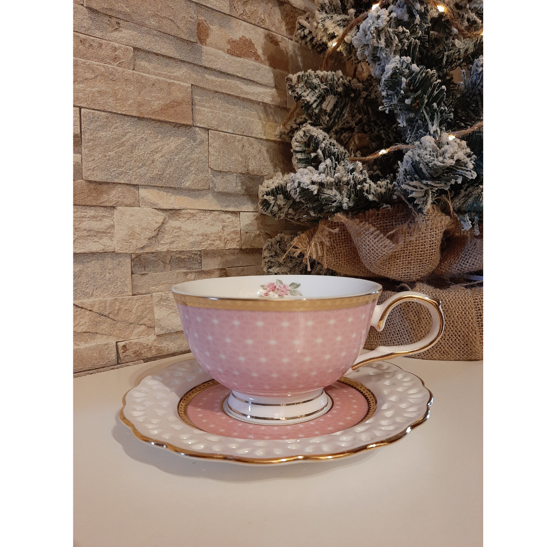 Clayre & Eef Tasse und Untertasse Weiß Rosa |Nice Deko